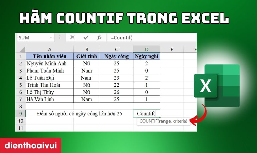 Cách dùng hàm COUNTIF trong Excel kết hợp với hàm khác