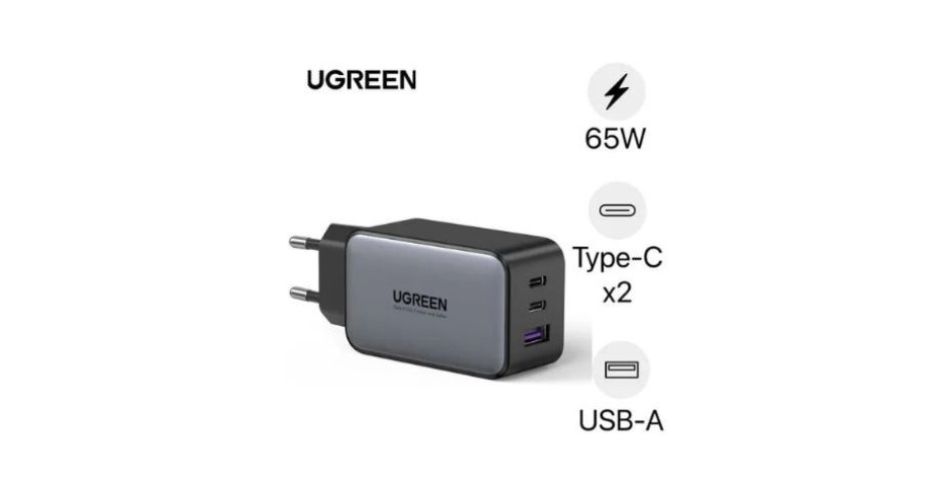 Củ sạc nhanh Ugreen GaN Nexode 3 cổng ( EU 2C 1A ) 65W CD244 chính hãng | Lấy liền