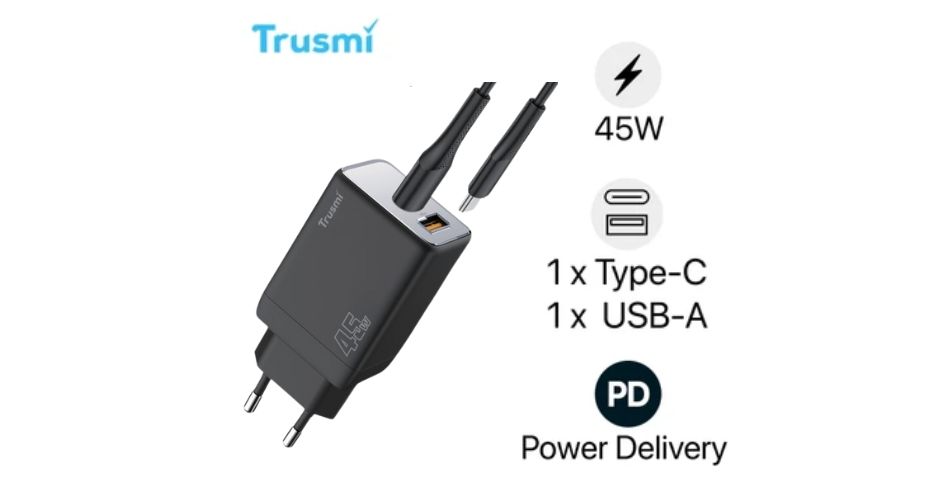 Sạc nhanh Mini Trusmi PD 45w Gan 1A1C kèm cáp Type-C to Type-C 60w (EU ...